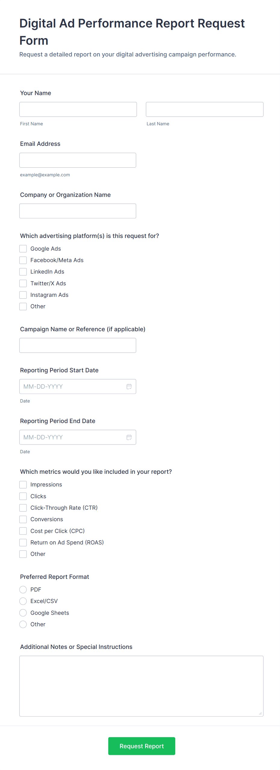 Digital Ad Performance Report Request Form Template | Jotform