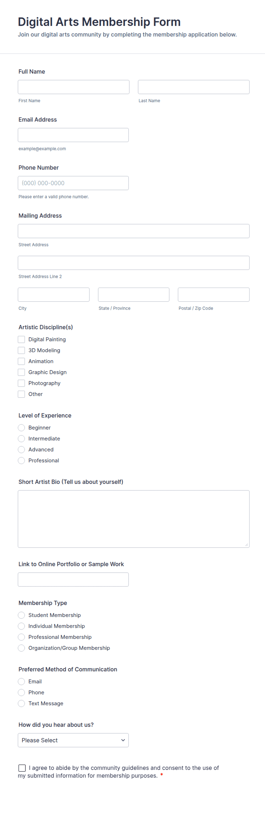 Digital Arts Membership Form Template | Jotform
