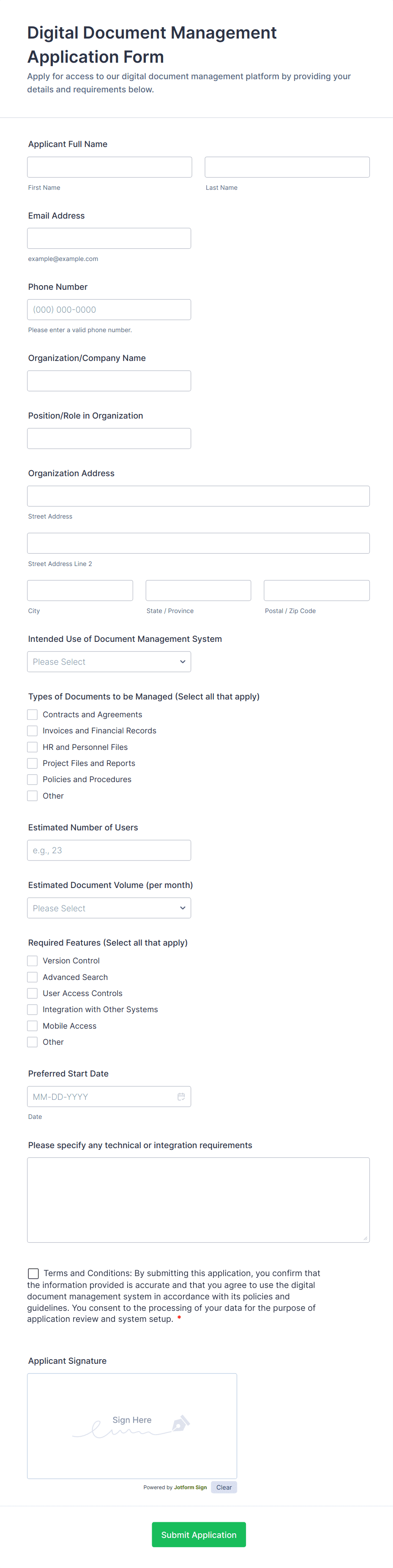 Digital Document Management Application Form Template | Jotform