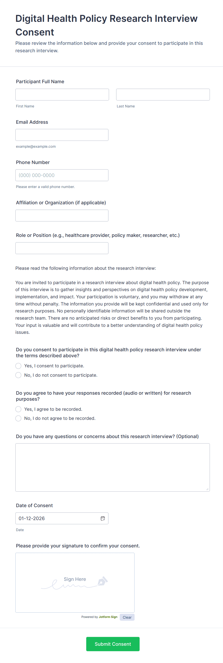 Digital Health Policy Research Interview Consent Form Template | Jotform