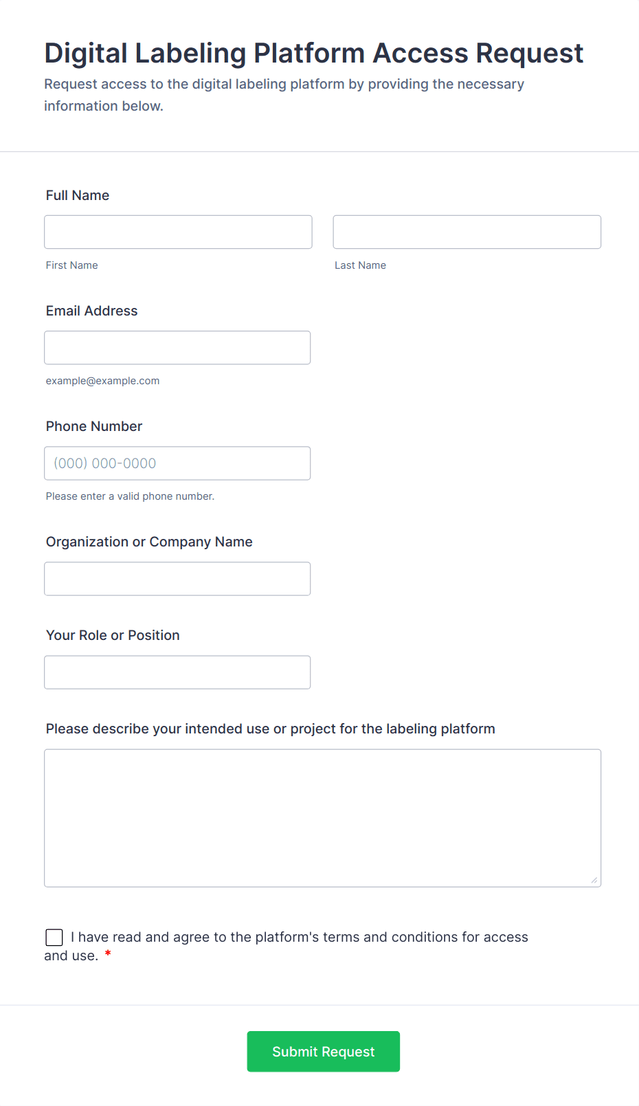 Digital Labeling Platform Access Request Form Template | Jotform