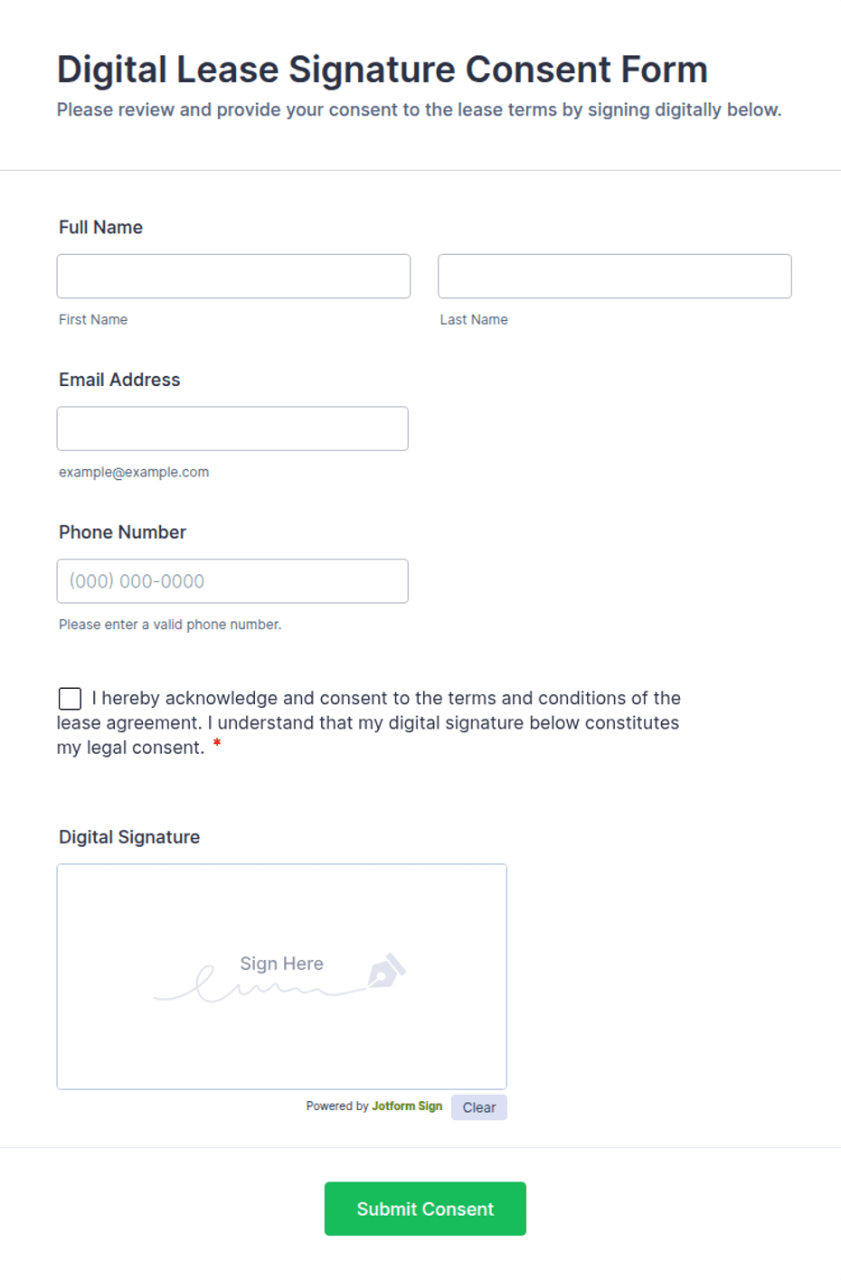 Digital Lease Signature Consent Form Template | Jotform