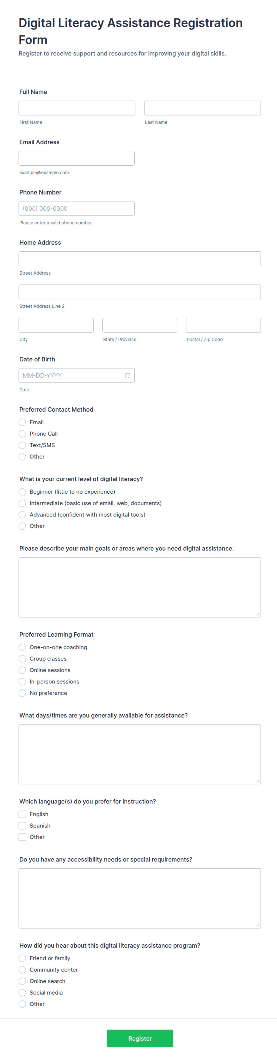Digital Literacy Assistance Registration Form Template | Jotform