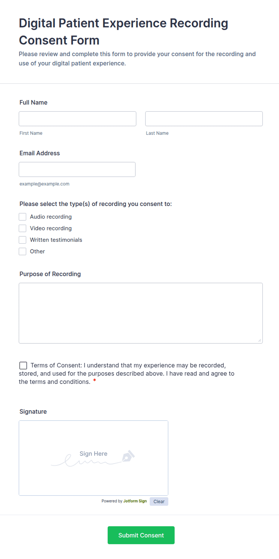 Digital Patient Experience Recording Consent Form Template | Jotform