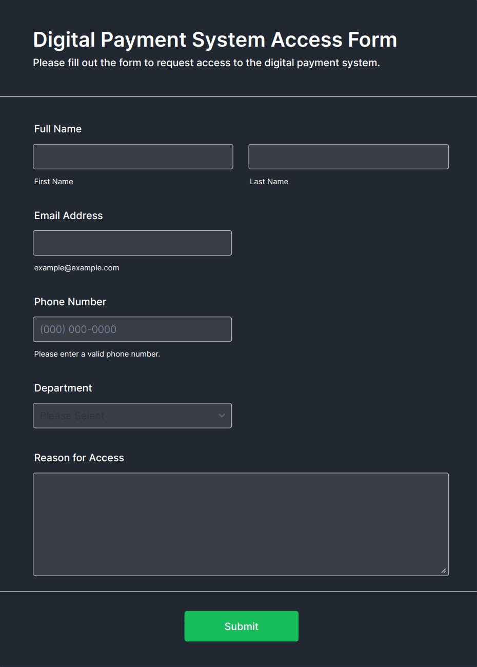 Digital Payment System Access Form Template | Jotform