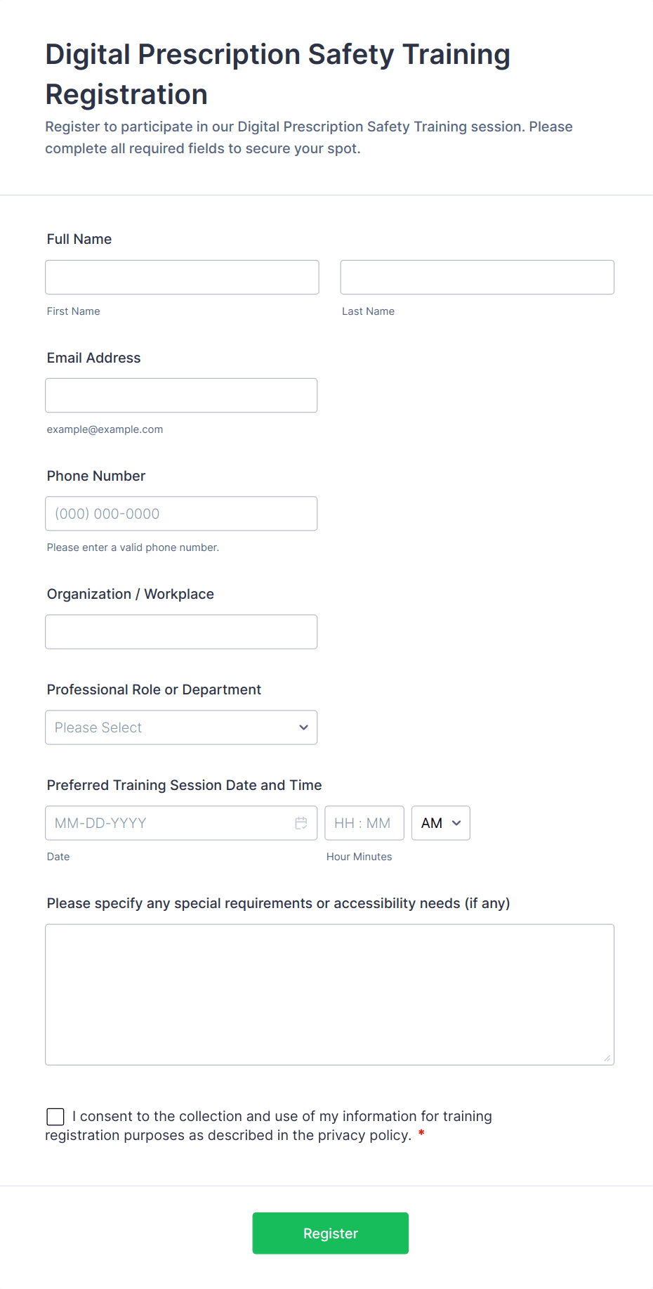 Digital Prescription Safety Training Registration Form Template | Jotform