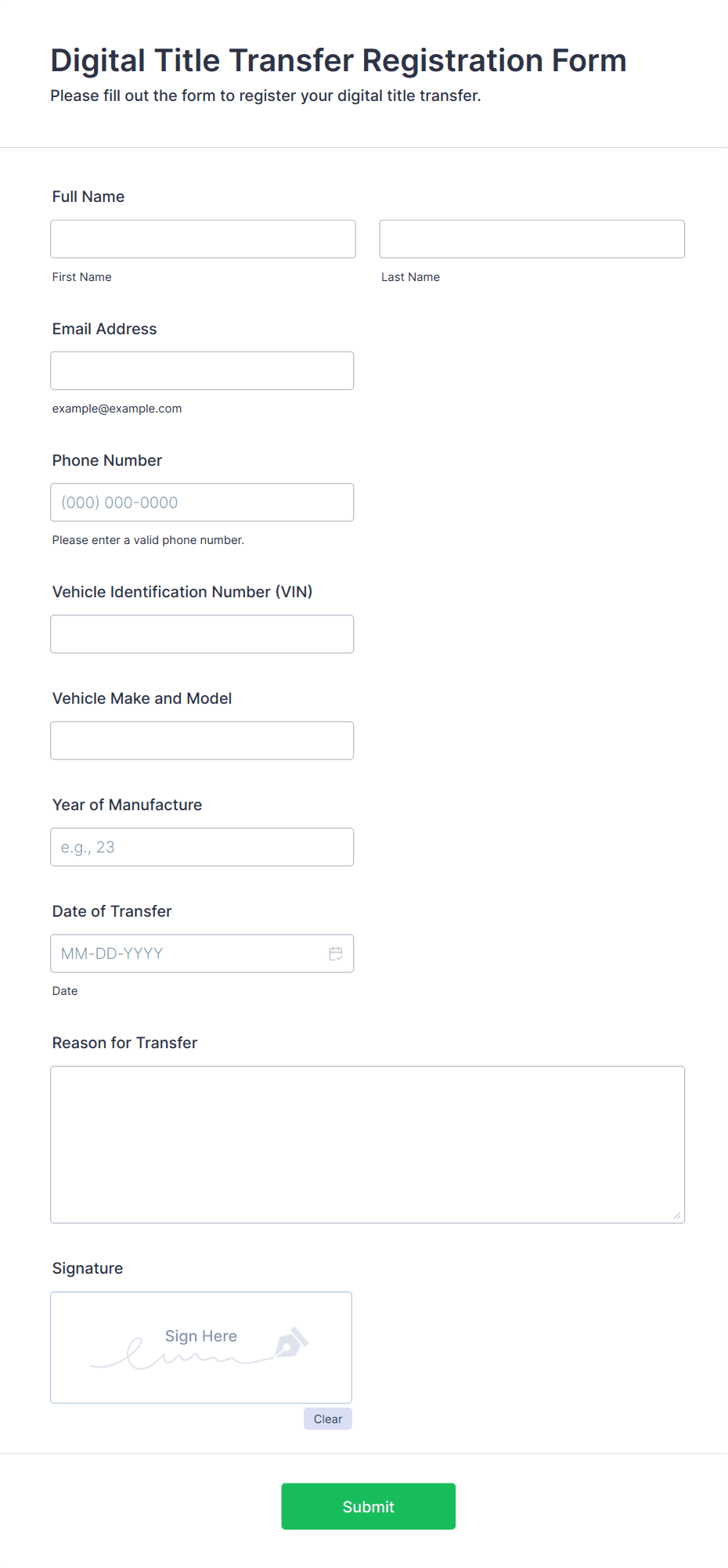 Digital Title Transfer Registration Form Template | Jotform