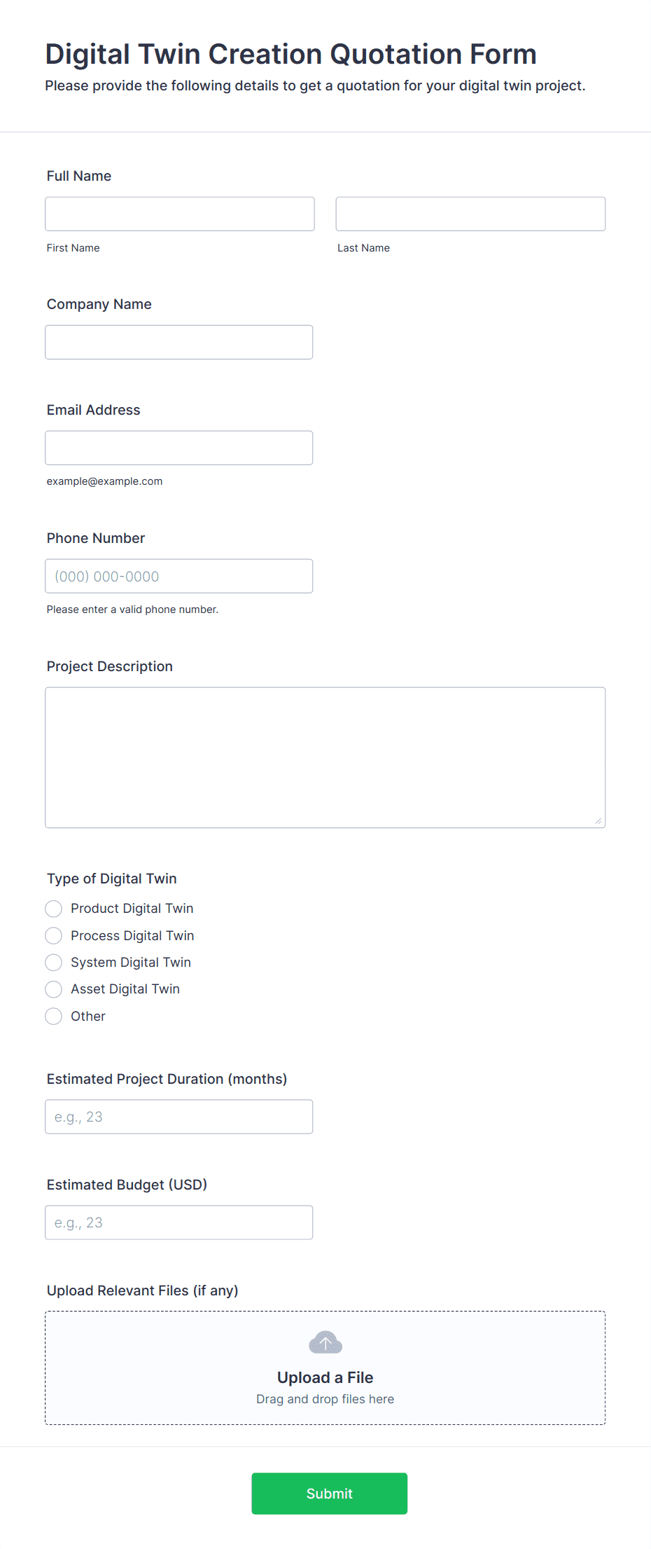 Digital Twin Creation Quotation Form Template | Jotform