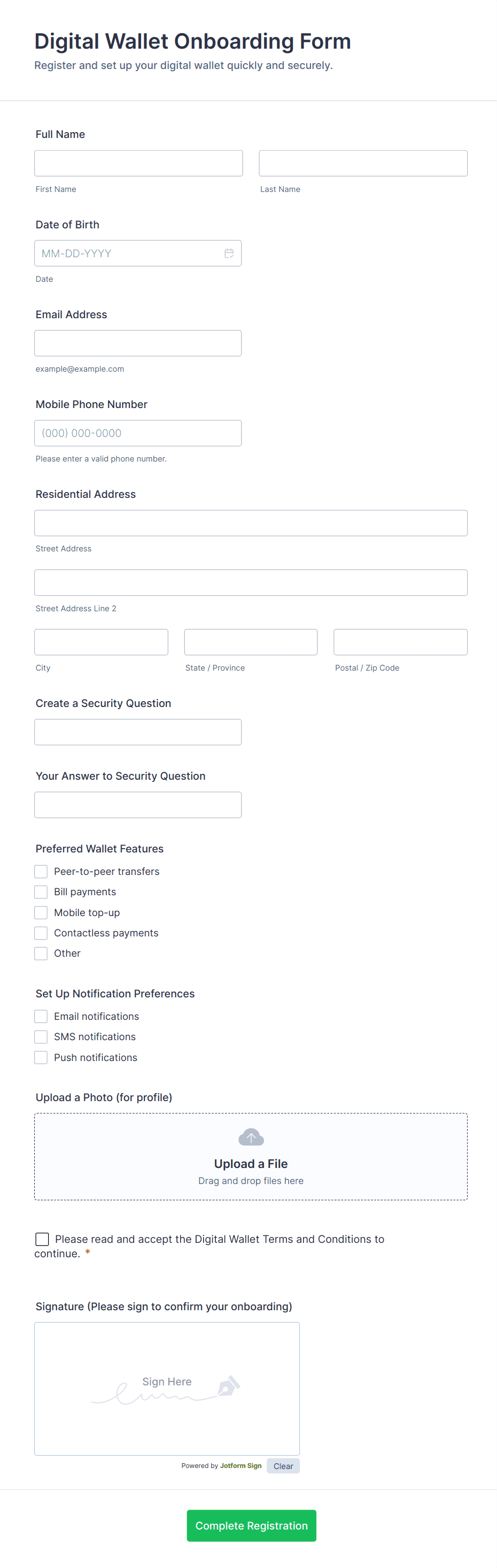 Digital Wallet Onboarding Form Template | Jotform