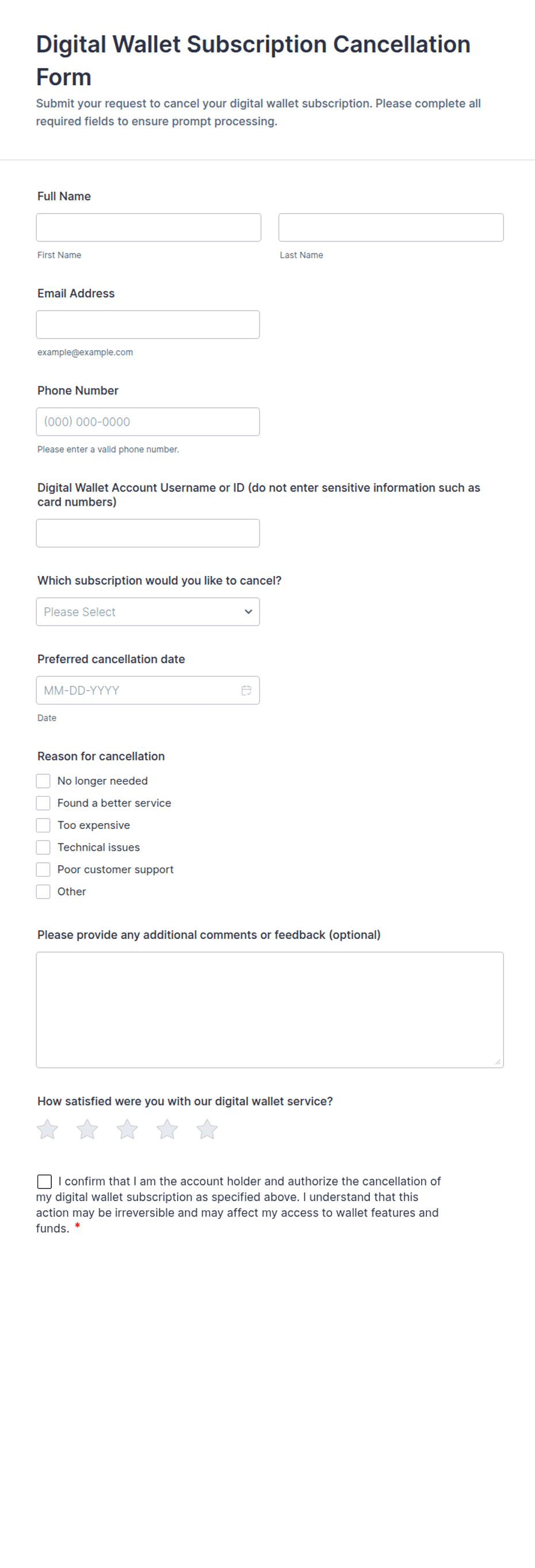 Digital Wallet Subscription Cancellation Form Template | Jotform