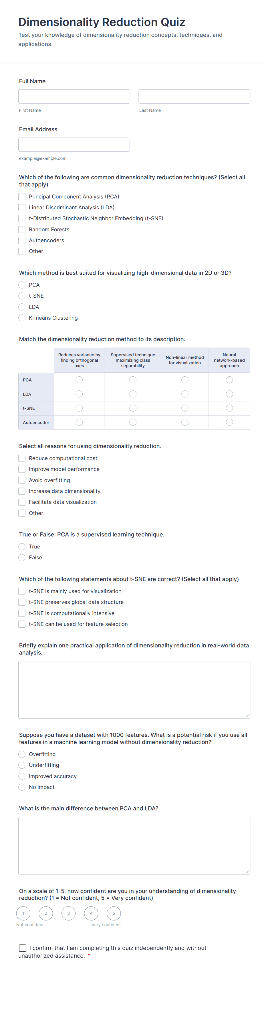 Dimensionality Reduction Quiz Form Template | Jotform