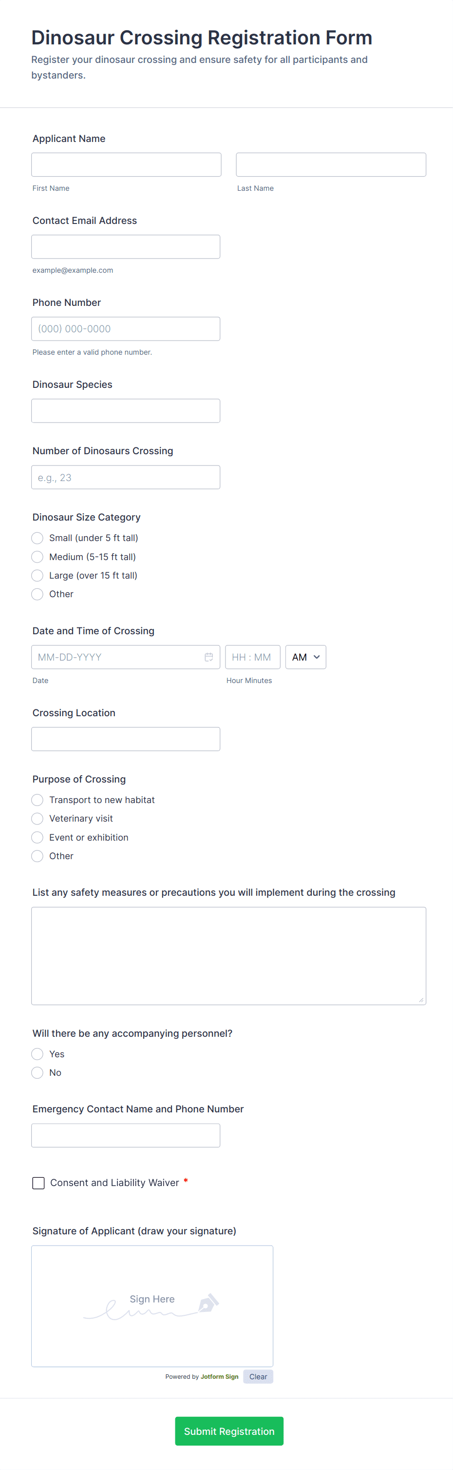 Dinosaur Crossing Registration Form Template | Jotform