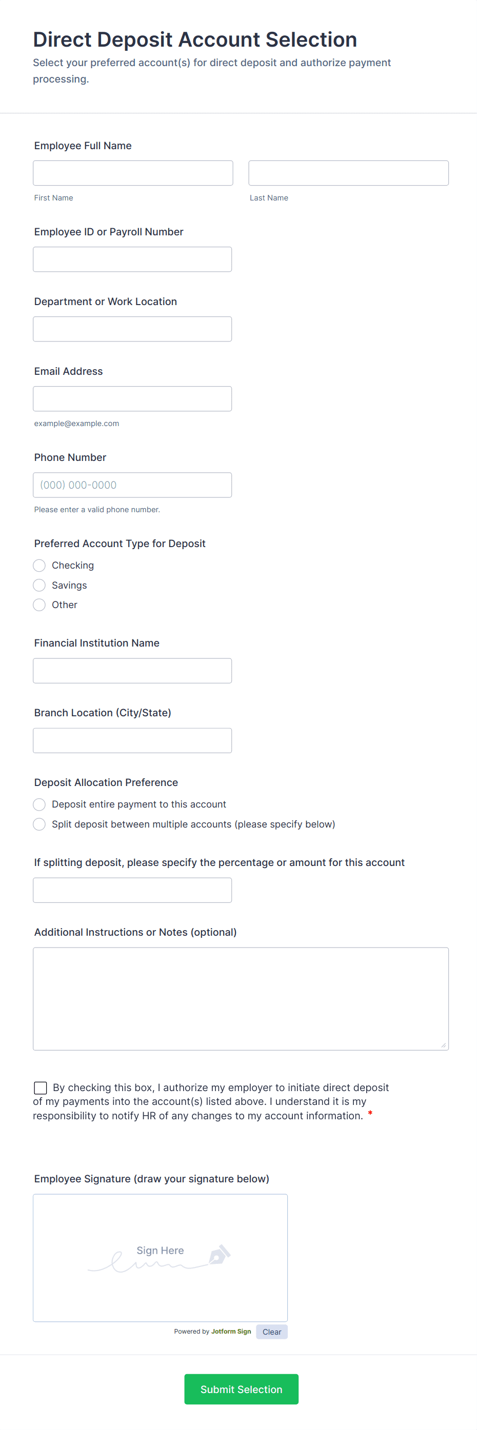 Direct Deposit Account Selection Form Template | Jotform