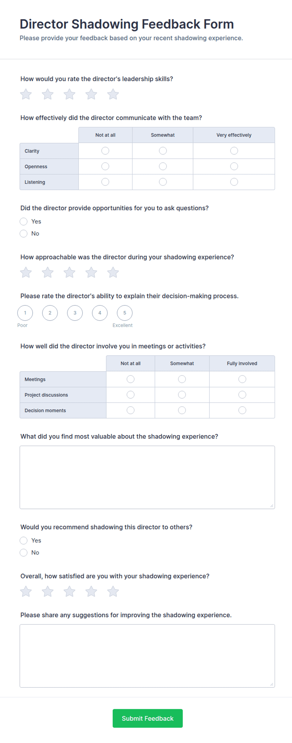 Director Shadowing Feedback Survey Form Template | Jotform