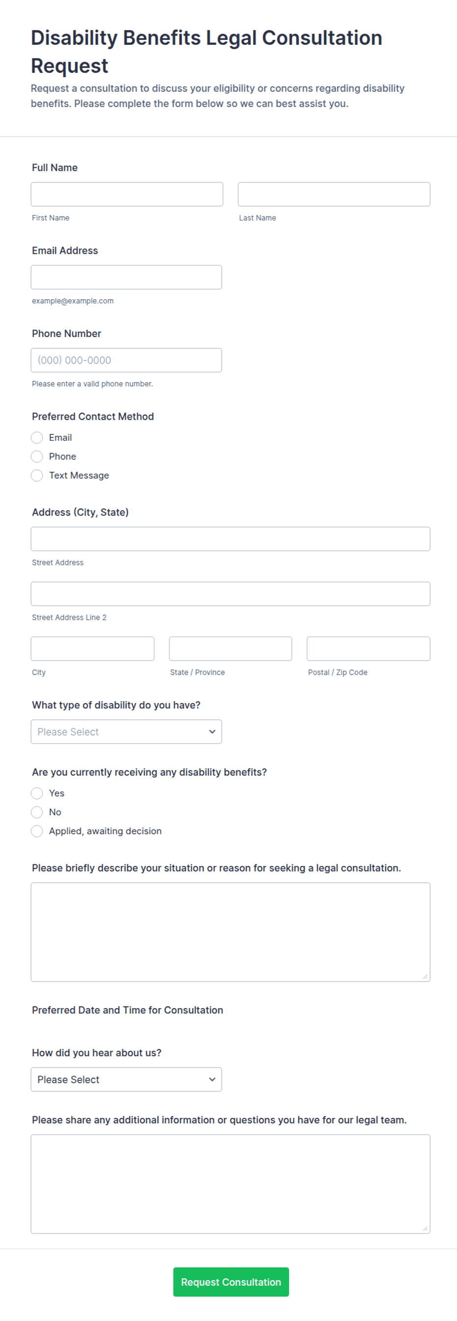 Disability Benefits Legal Consultation Request Form Template | Jotform