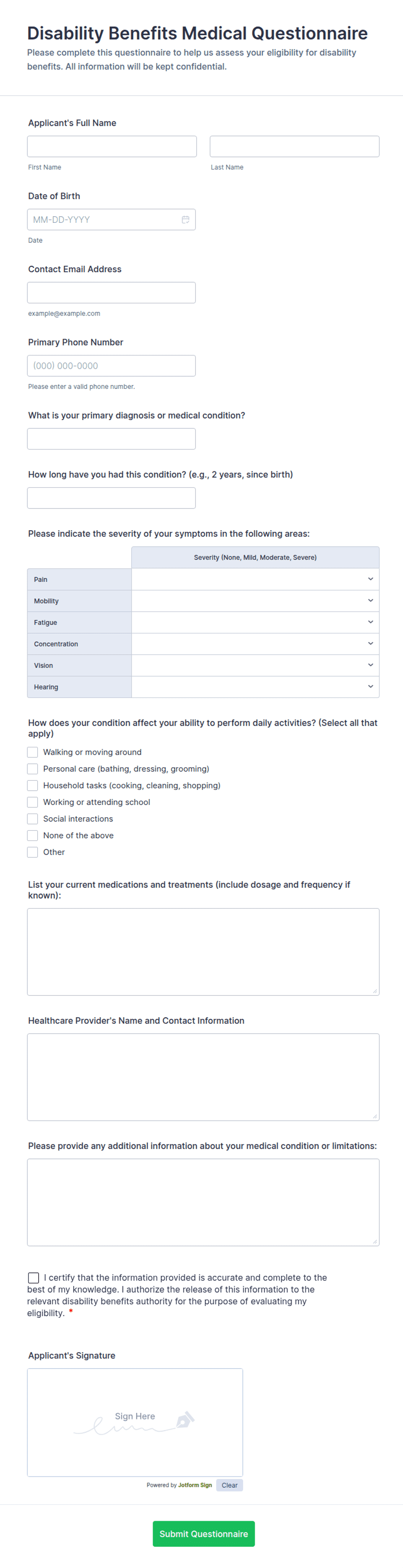 Disability Benefits Medical Questionnaire Form Template | Jotform