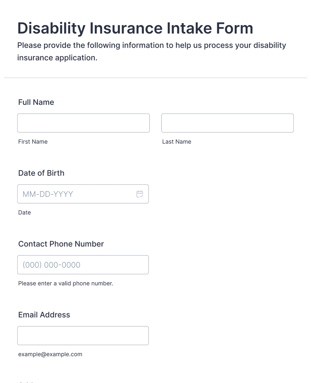 Disability Insurance Intake Form Template | Jotform