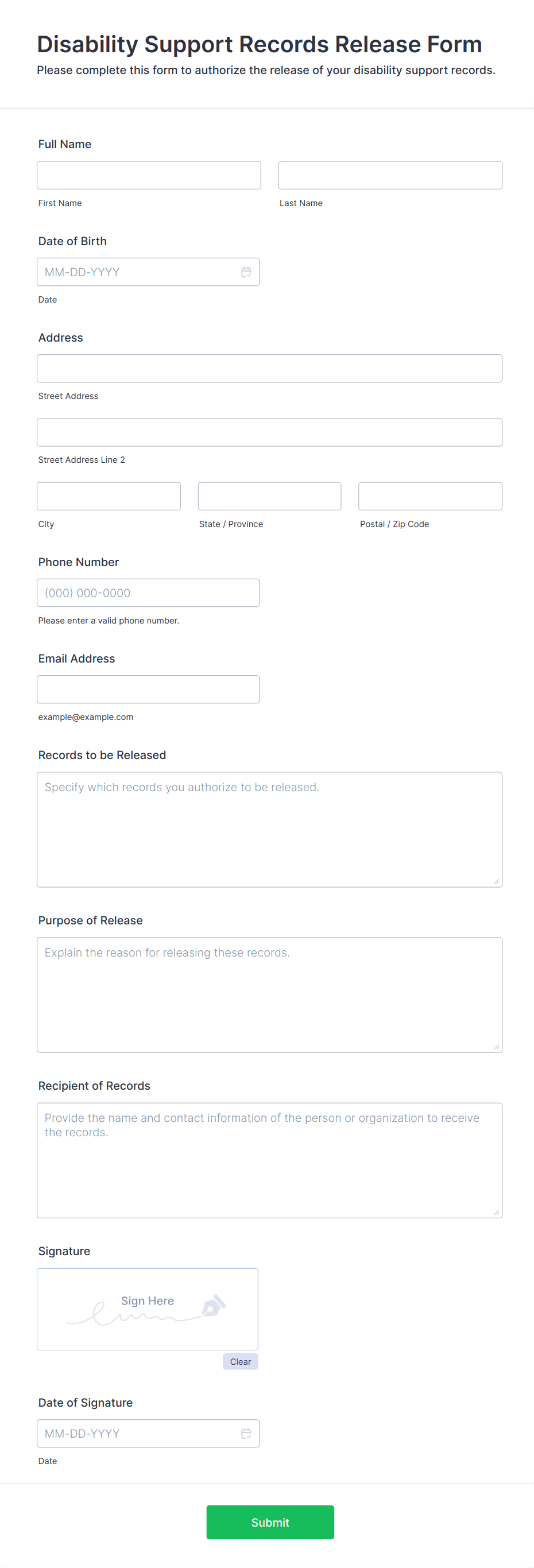 Disability Support Records Release Form Template | Jotform