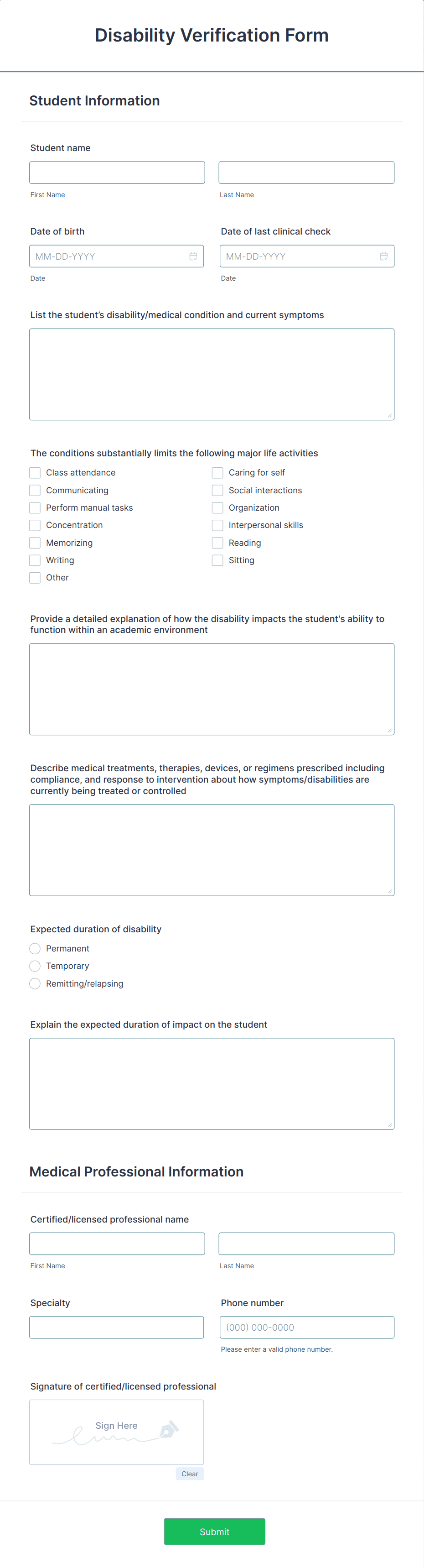 Student Disability Verification Form Template | Jotform