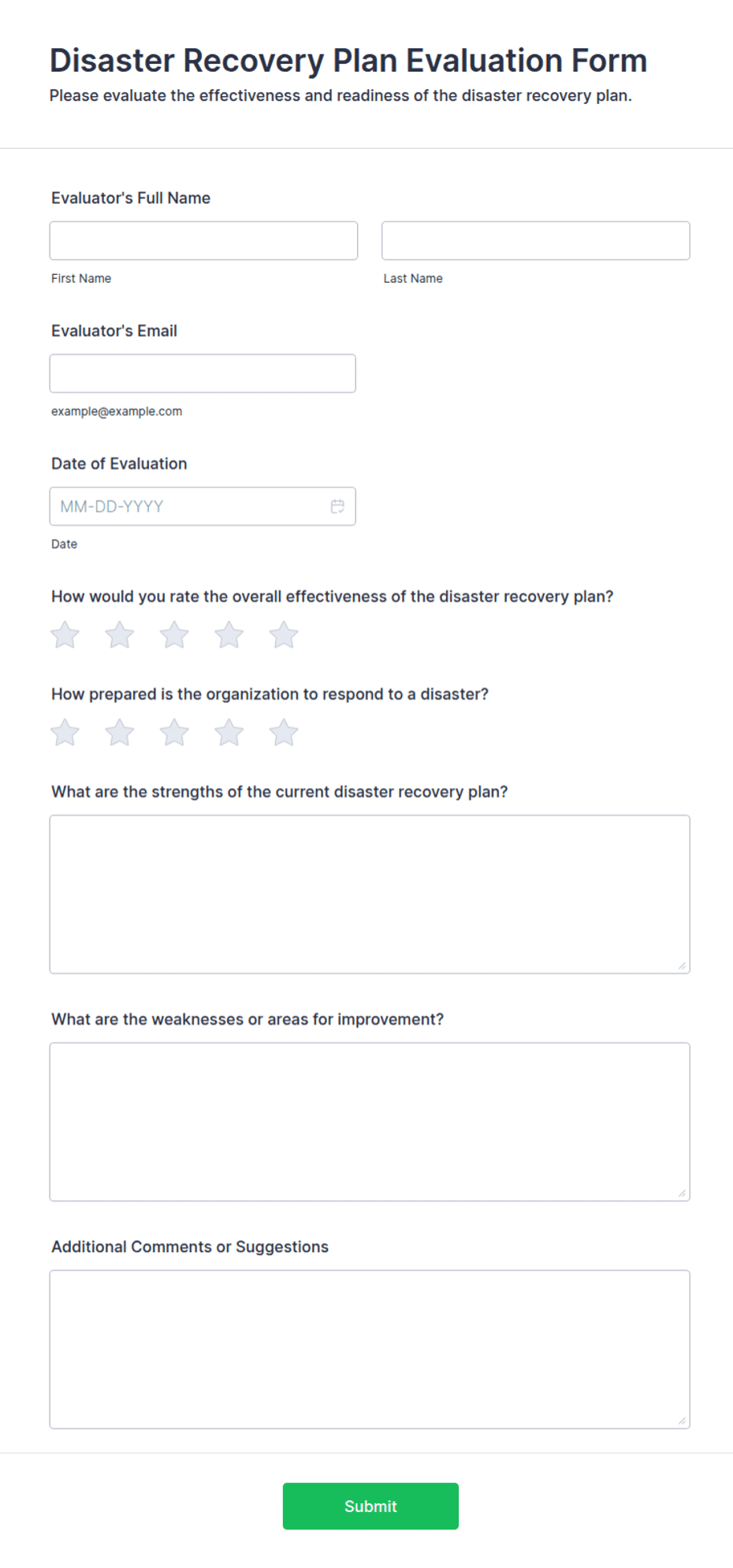 Disaster Recovery Plan Evaluation Form Template | Jotform