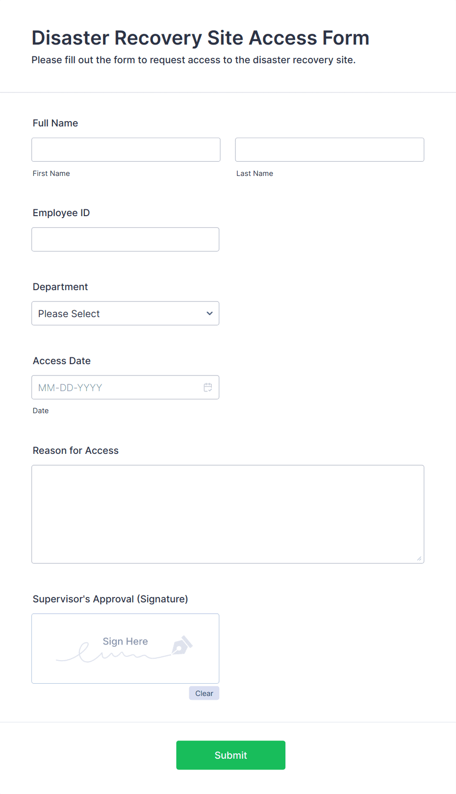 Disaster Recovery Site Access Form Template | Jotform