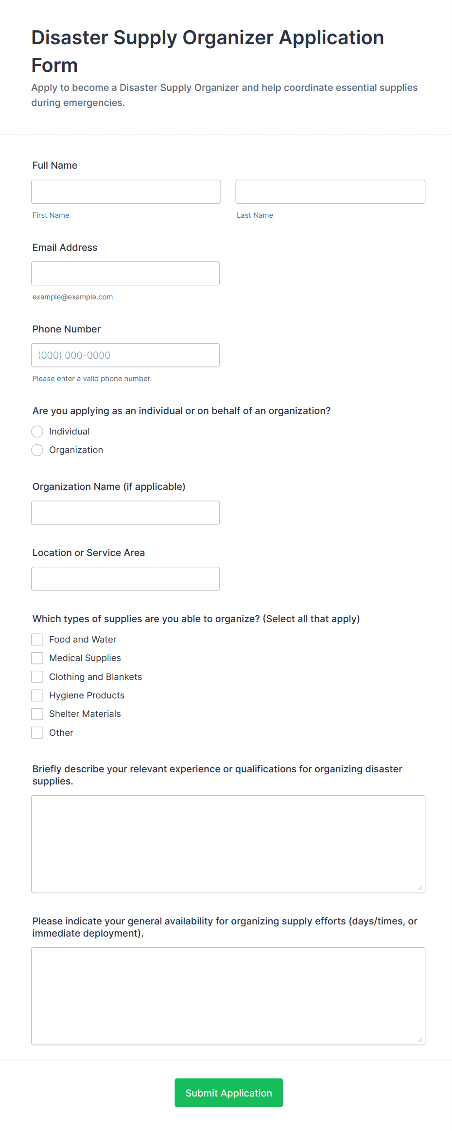 Disaster Supply Organizer Application Form Template | Jotform