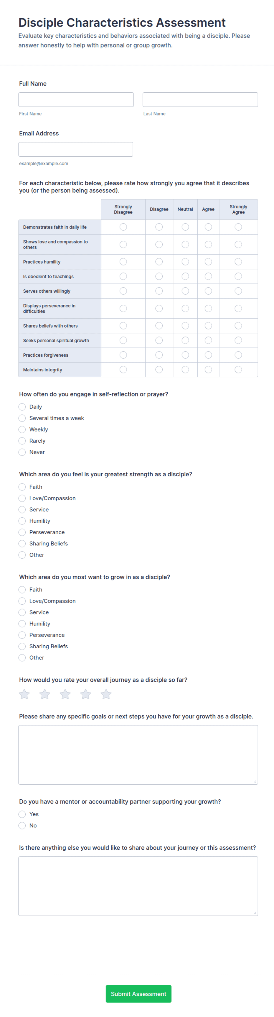 Disciple Characteristics Assessment Form Template | Jotform