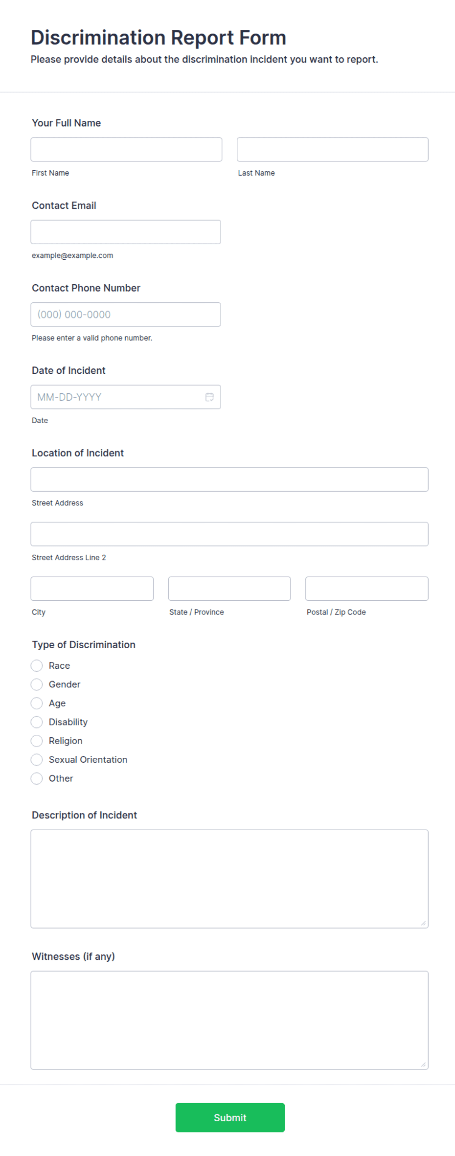 Discrimination Report Form Template | Jotform
