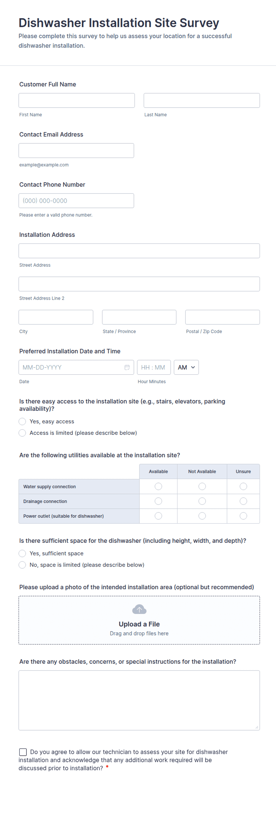 Dishwasher Installation Site Survey Form Template | Jotform