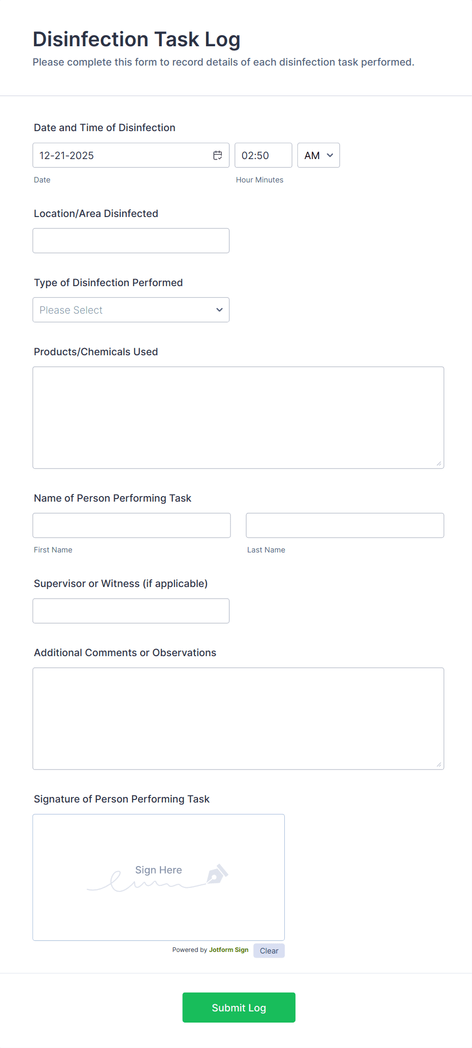 Disinfection Task Log Form Template | Jotform