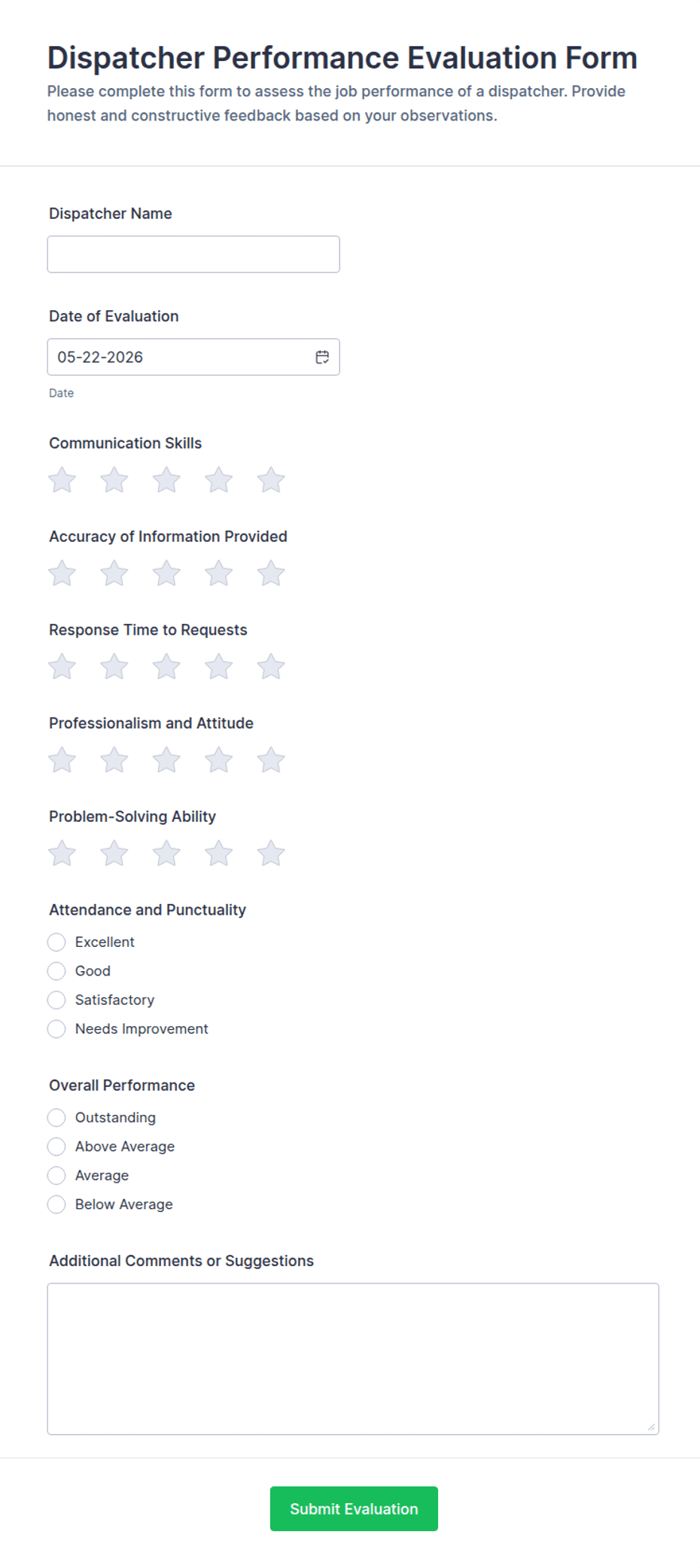 Dispatcher Performance Evaluation Form Template | Jotform