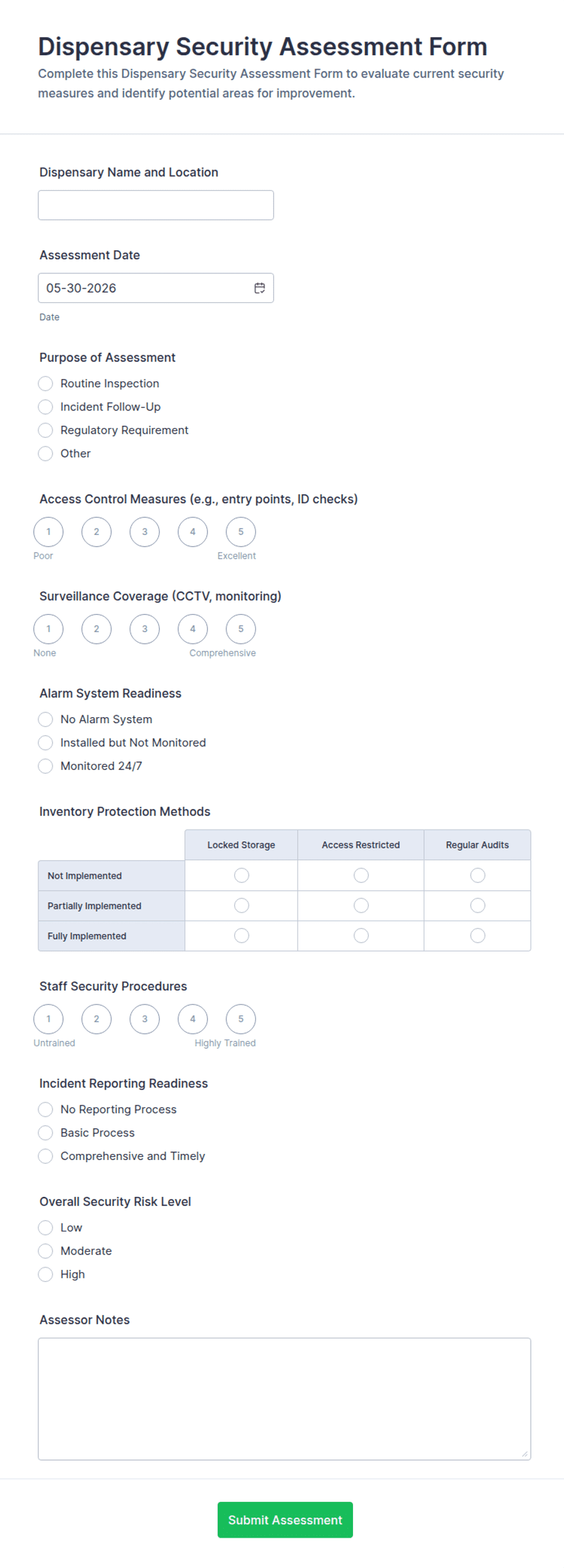 Dispensary Security Assessment Form Template | Jotform