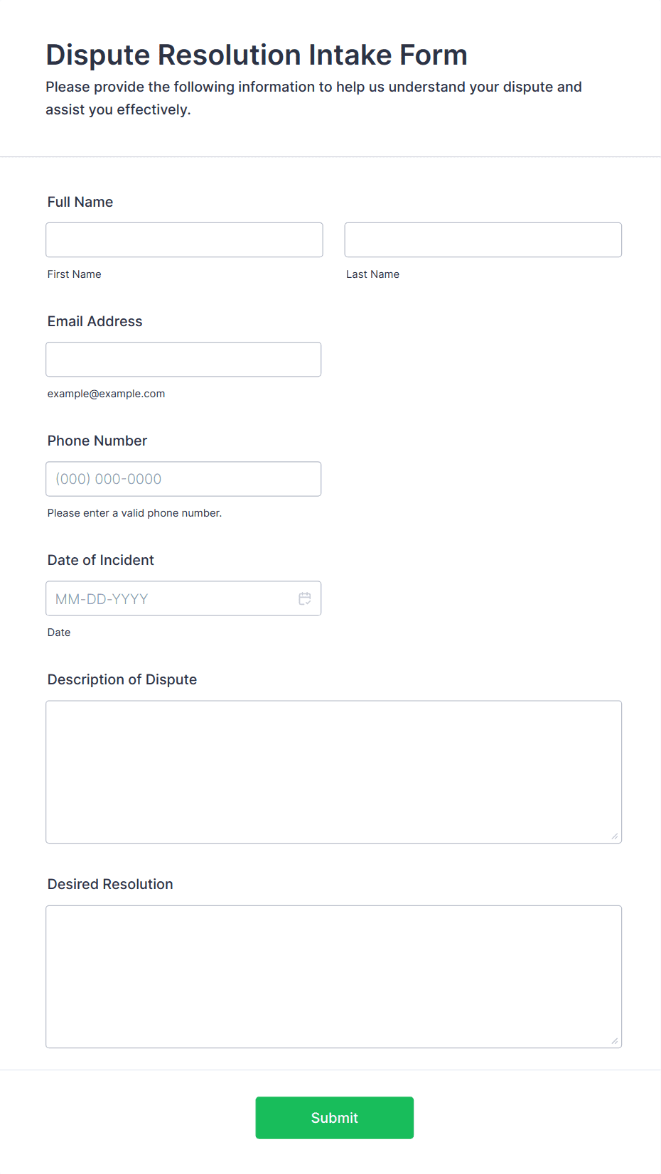Dispute Resolution Intake Form Template | Jotform