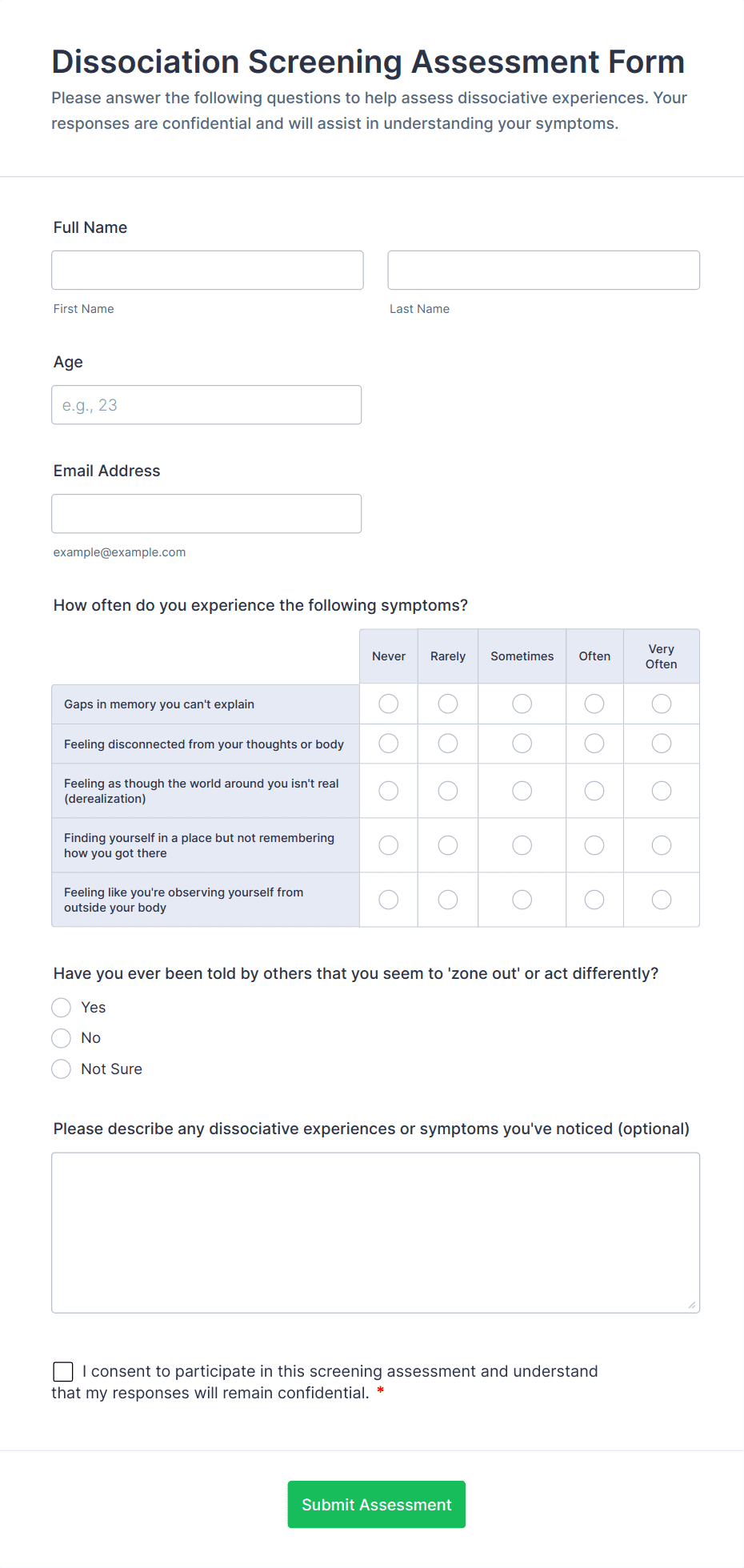 Dissociation Screening Assessment Form Template | Jotform