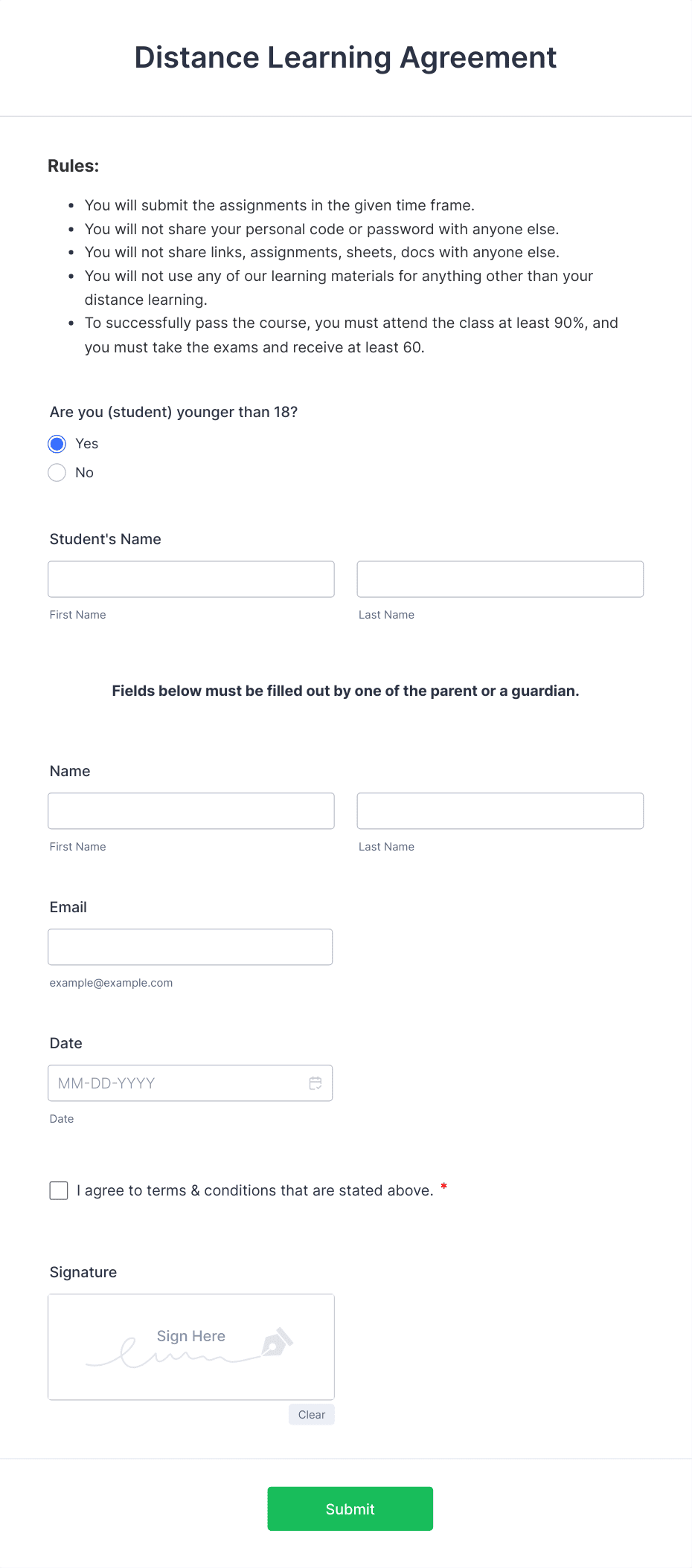 Distance Learning Agreement Form Template | Jotform