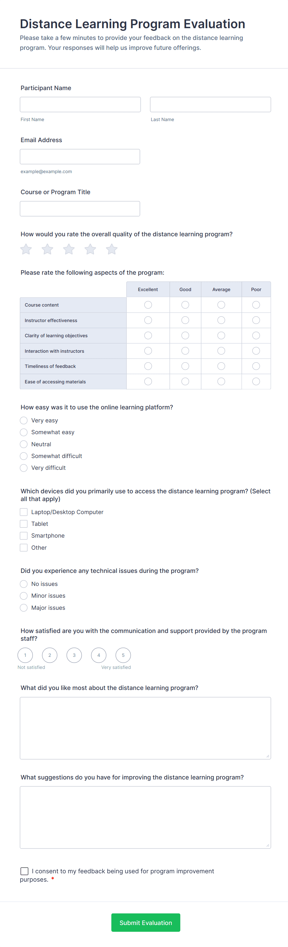 Distance Learning Program Evaluation Form Template | Jotform