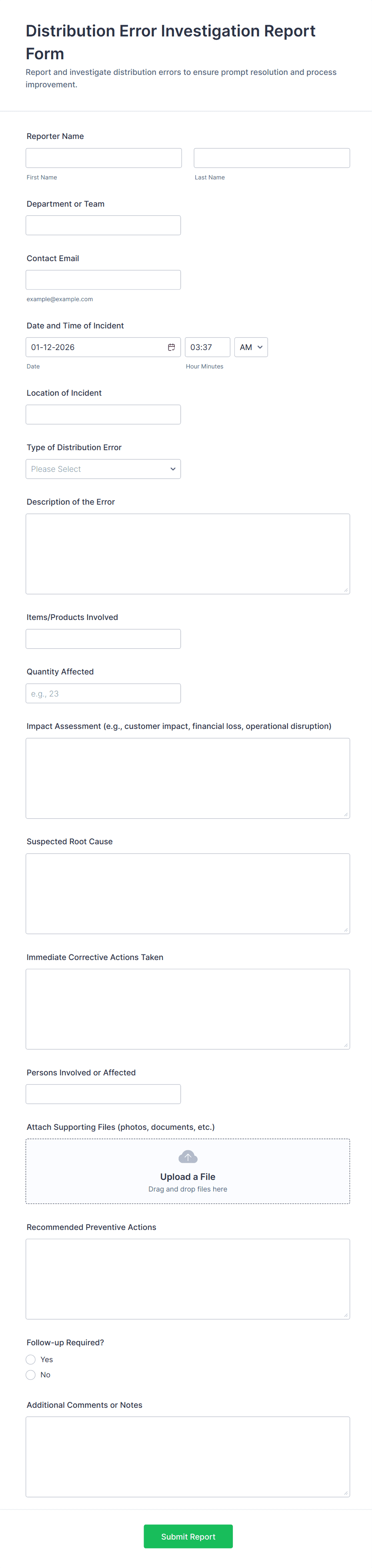Distribution Error Investigation Report Form Template | Jotform