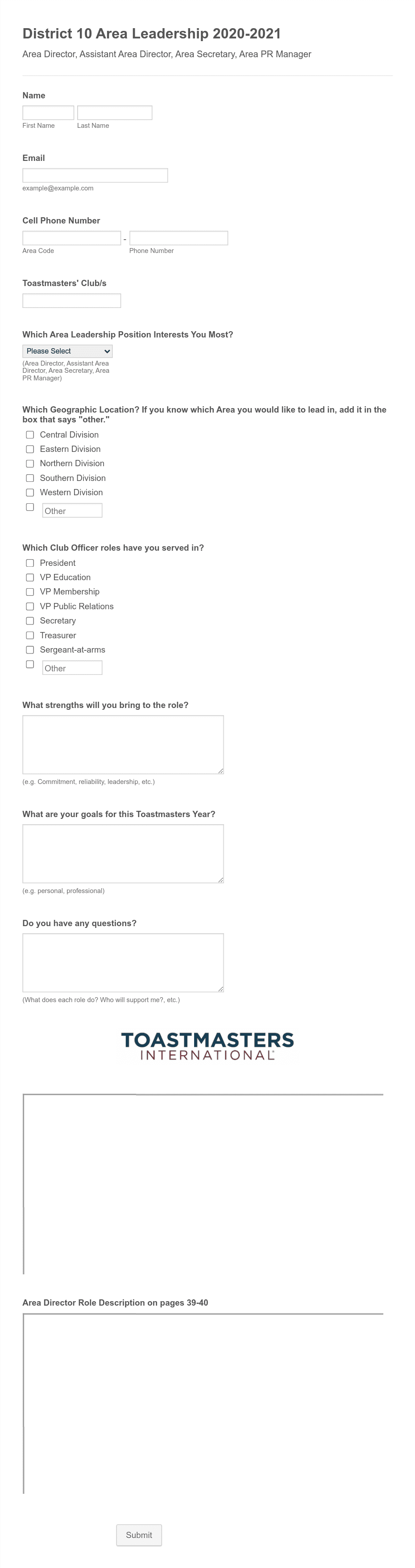District 10 Area Leadership 2020 2021 Form Template | Jotform