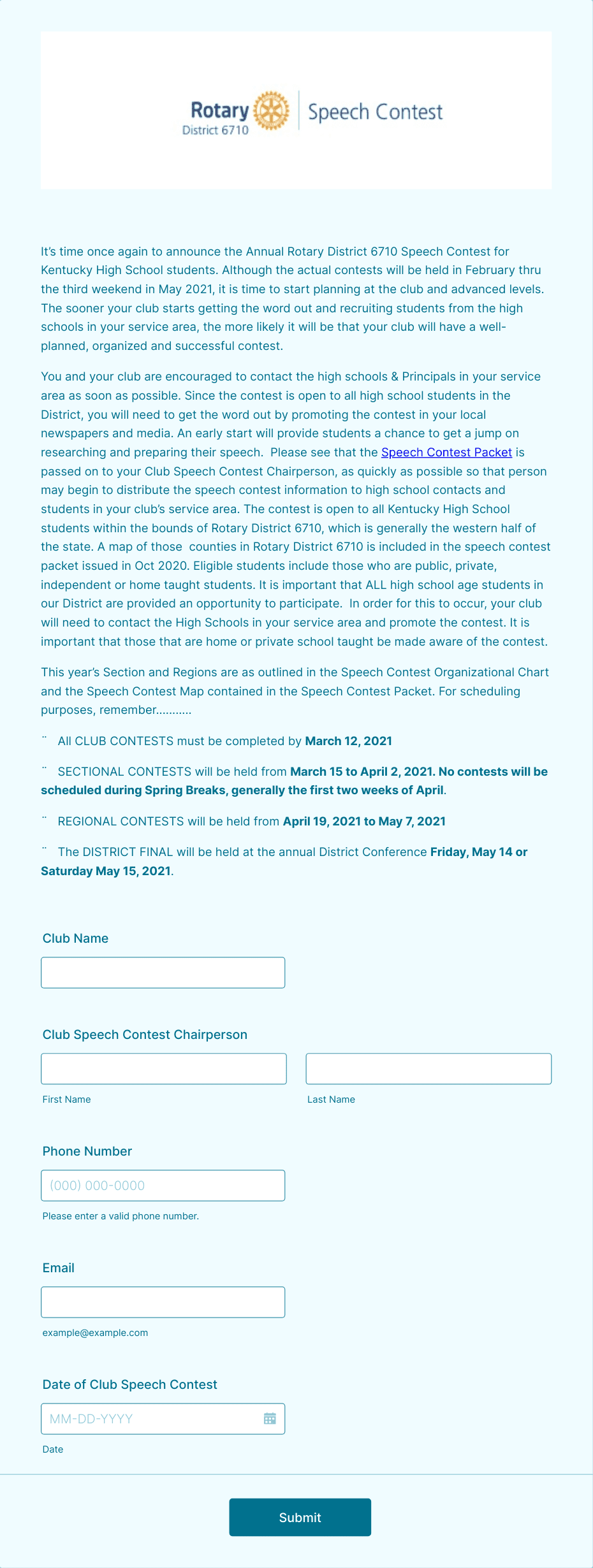 District 6710 Speech Contest Club Registration Form Template | Jotform