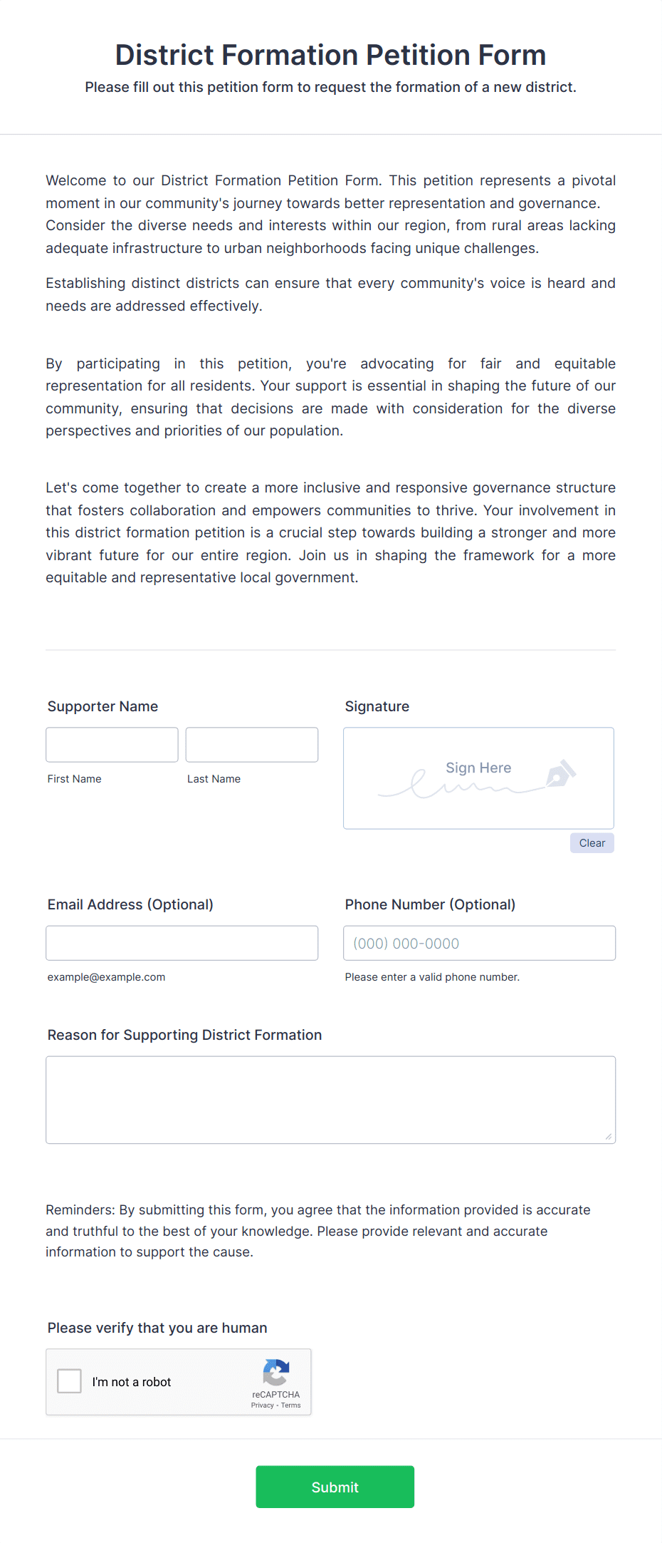 District Formation Petition Form Template | Jotform