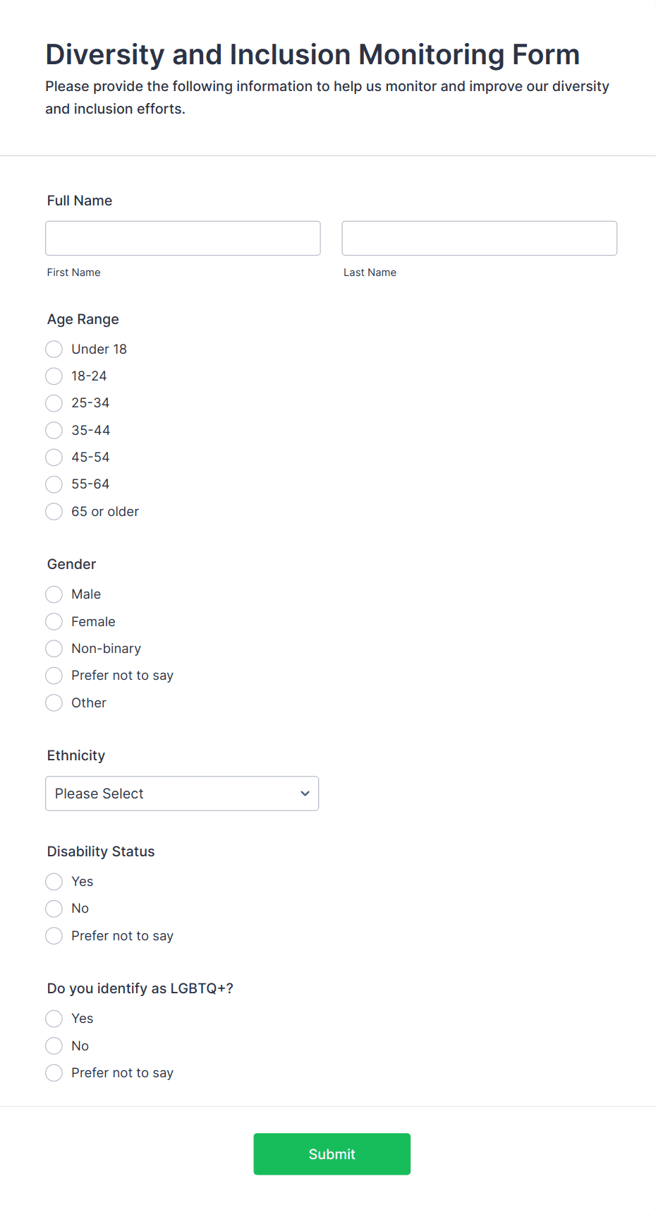 Diversity and Inclusion Monitoring Form Template | Jotform