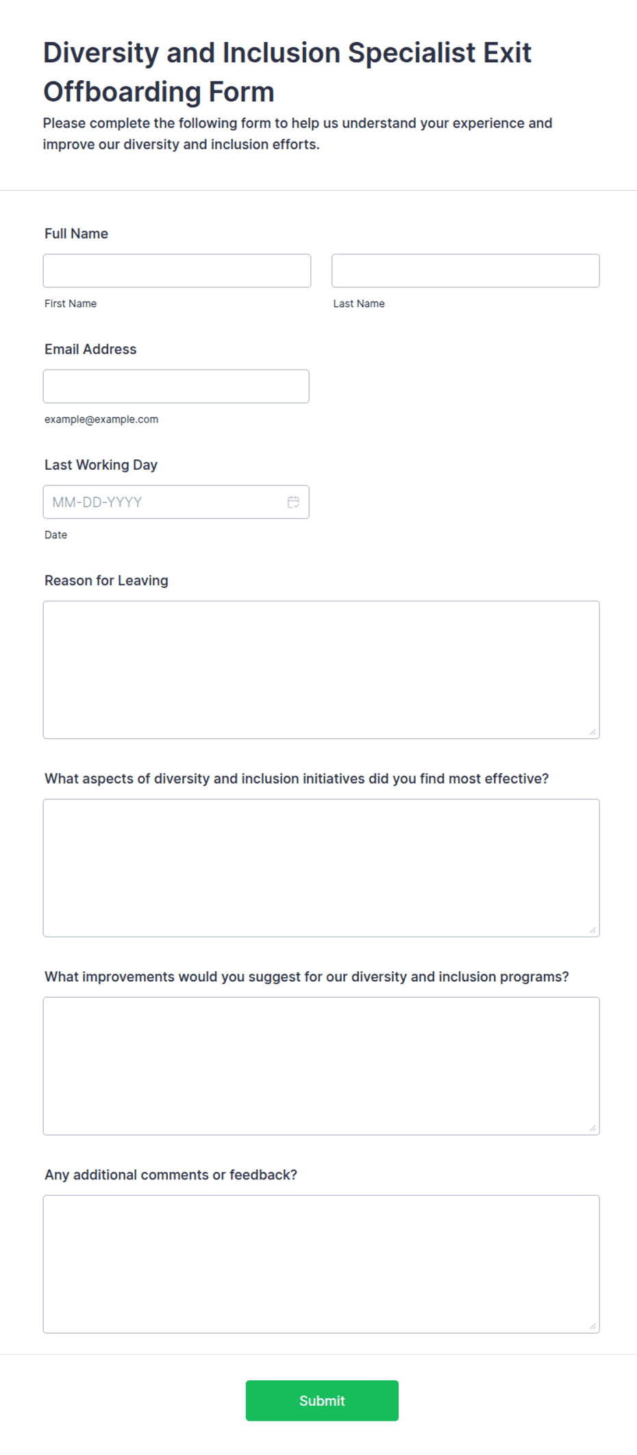 Diversity and Inclusion Specialist Exit Offboarding Form Template | Jotform
