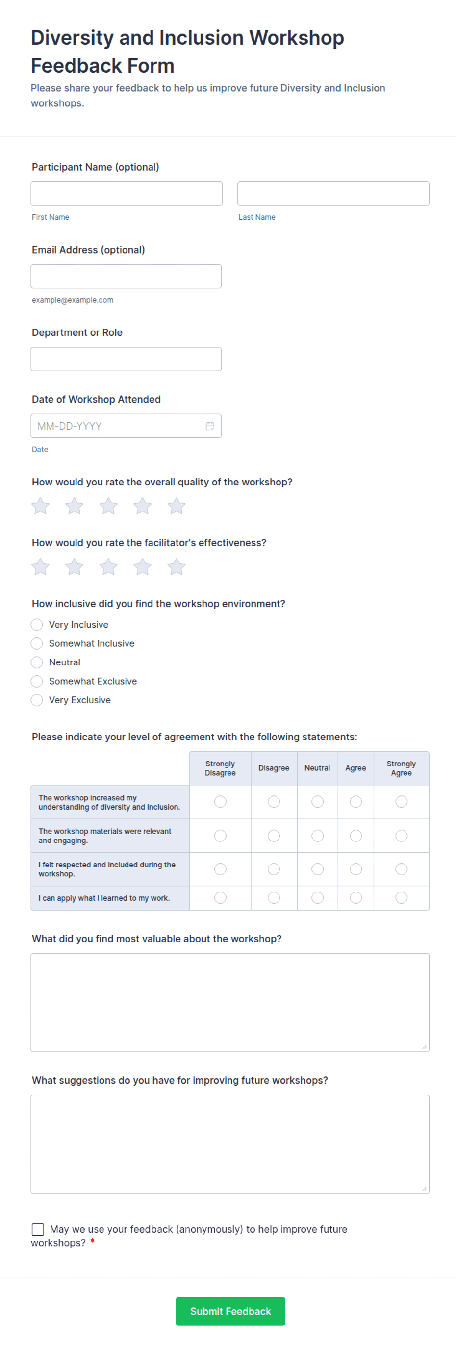 Diversity and Inclusion Workshop Feedback Form Template | Jotform