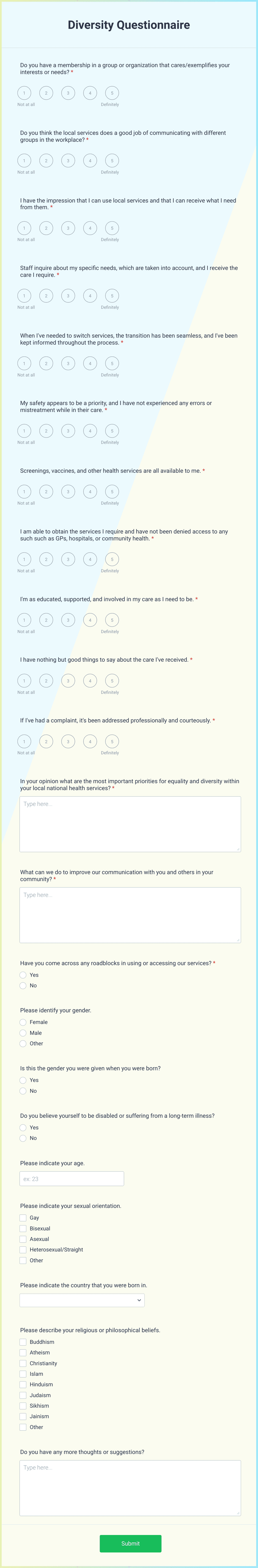 Diversity Questionnaire Form Template | Jotform