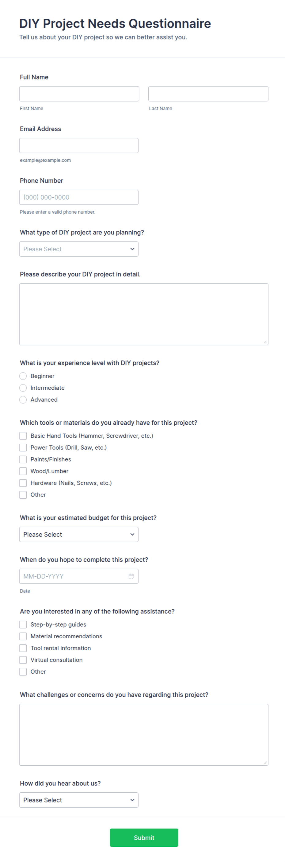 DIY Project Needs Questionnaire Form Template | Jotform