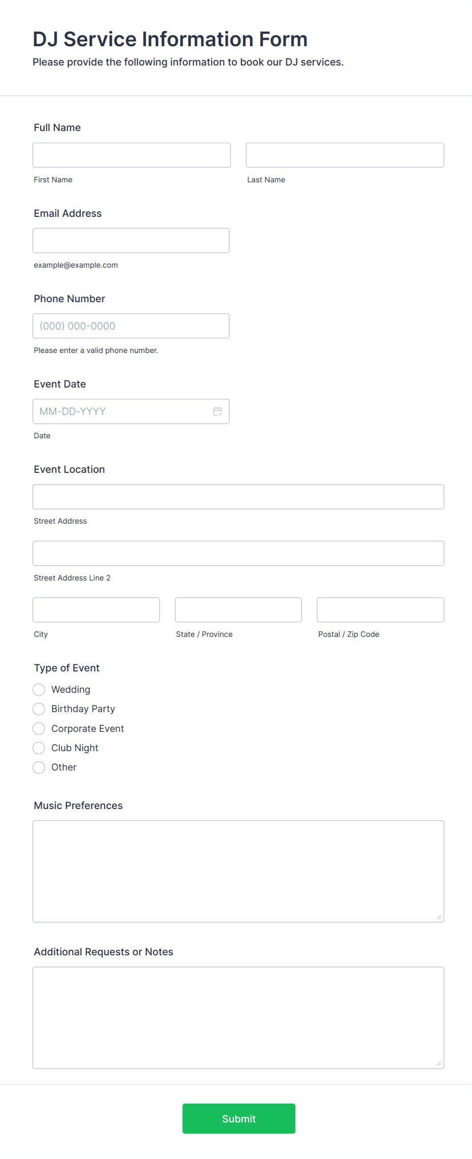 DJ Service Information Form Template | Jotform