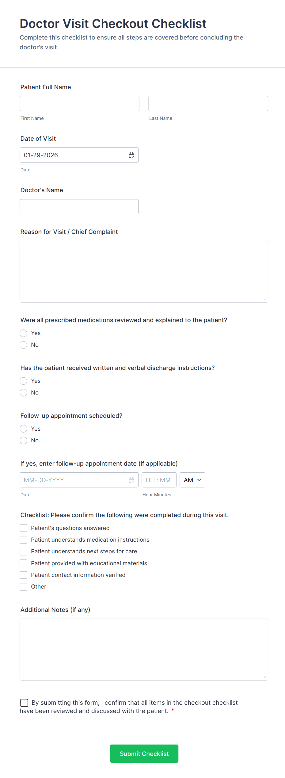 Doctor Visit Checkout Checklist Form Template | Jotform