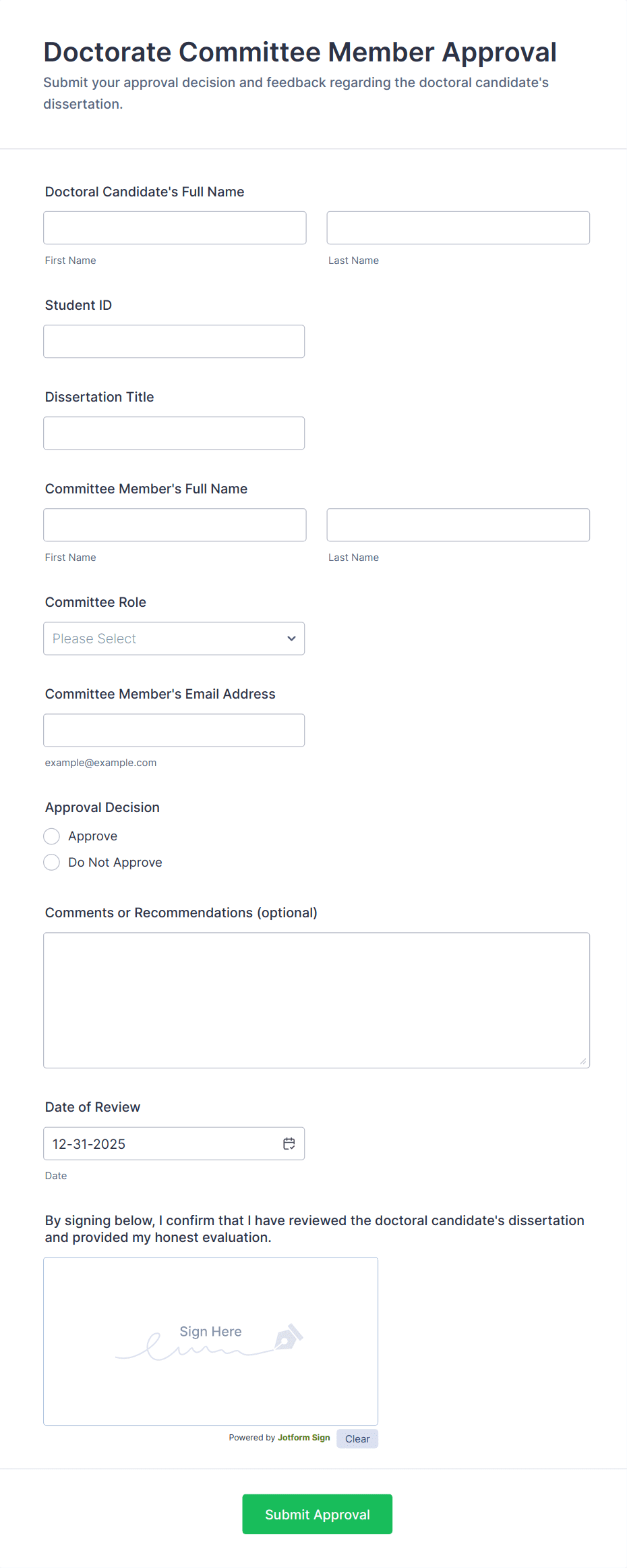 Doctorate Committee Member Approval Form Template | Jotform