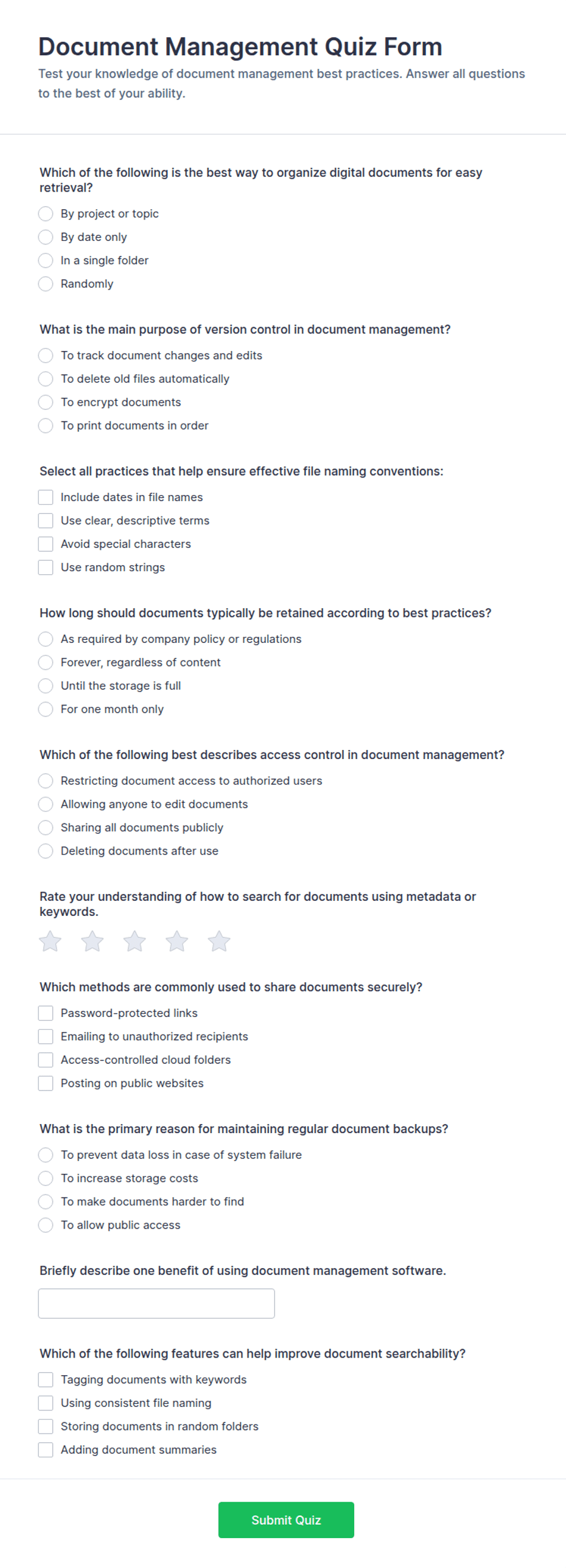 Document Management Quiz Form Template | Jotform