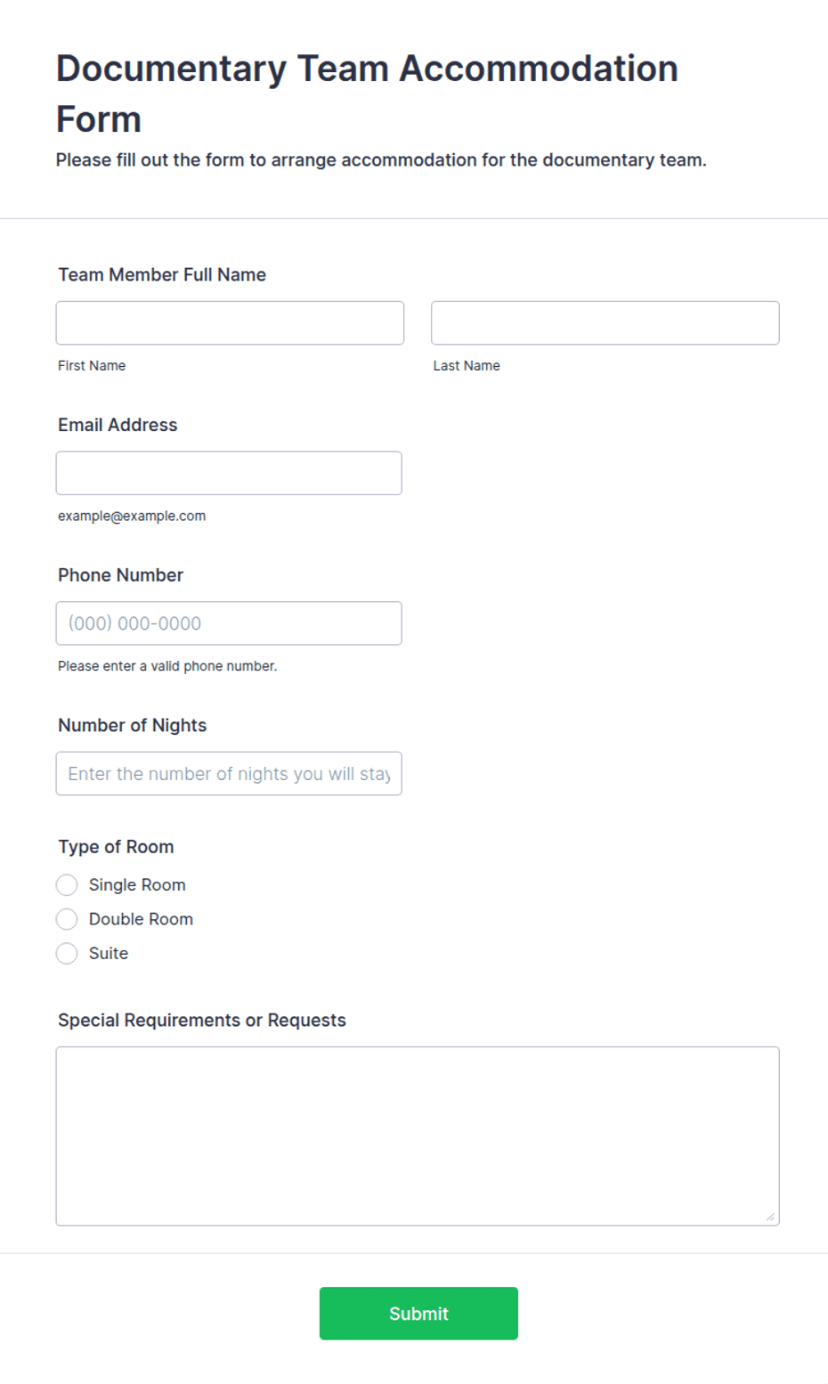 Documentary Team Accommodation Form Template | Jotform